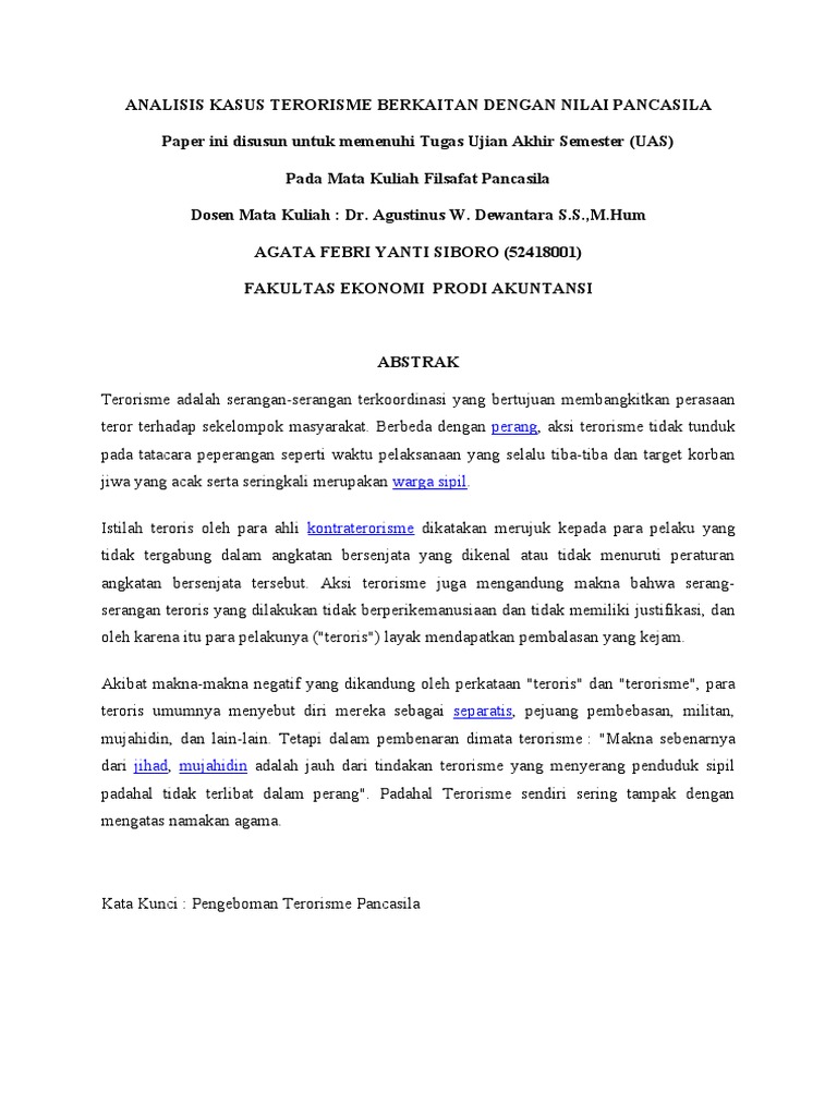 Analisis Kasus Terorisme Berkaitan Dengan Nilai Pancasila | PDF