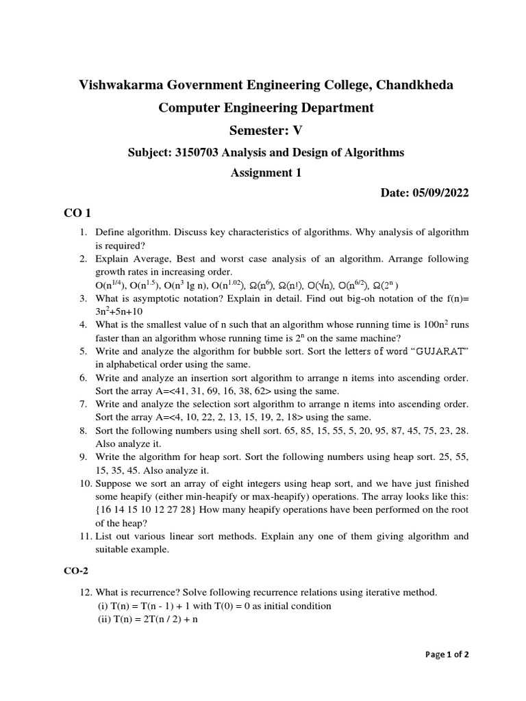 Assignment (ANALYSIS AND DESIGN OF ALGORITHMS) | PDF | Recurrence Relation | Theoretical ...