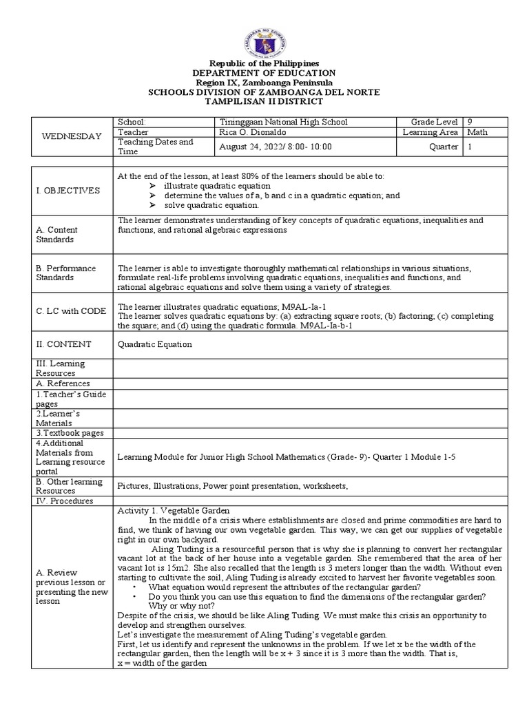 Math 9 DLL Q1W1 | PDF | Quadratic Equation | Equations