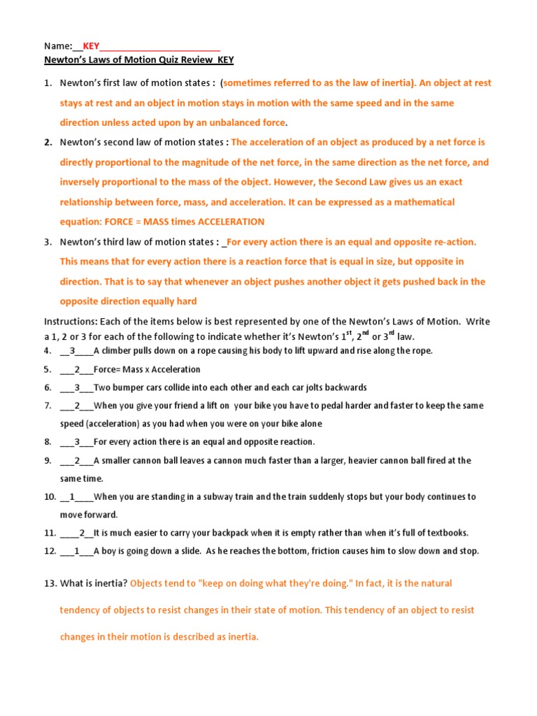 Newtons Laws Quiz Review-2key | PDF | Force | Newton's Laws Of Motion
