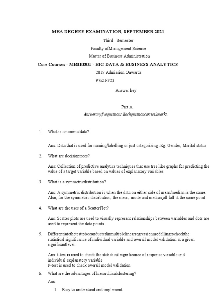 MBA Big Data & Business Analytics Exam Key | PDF | Regression Analysis ...