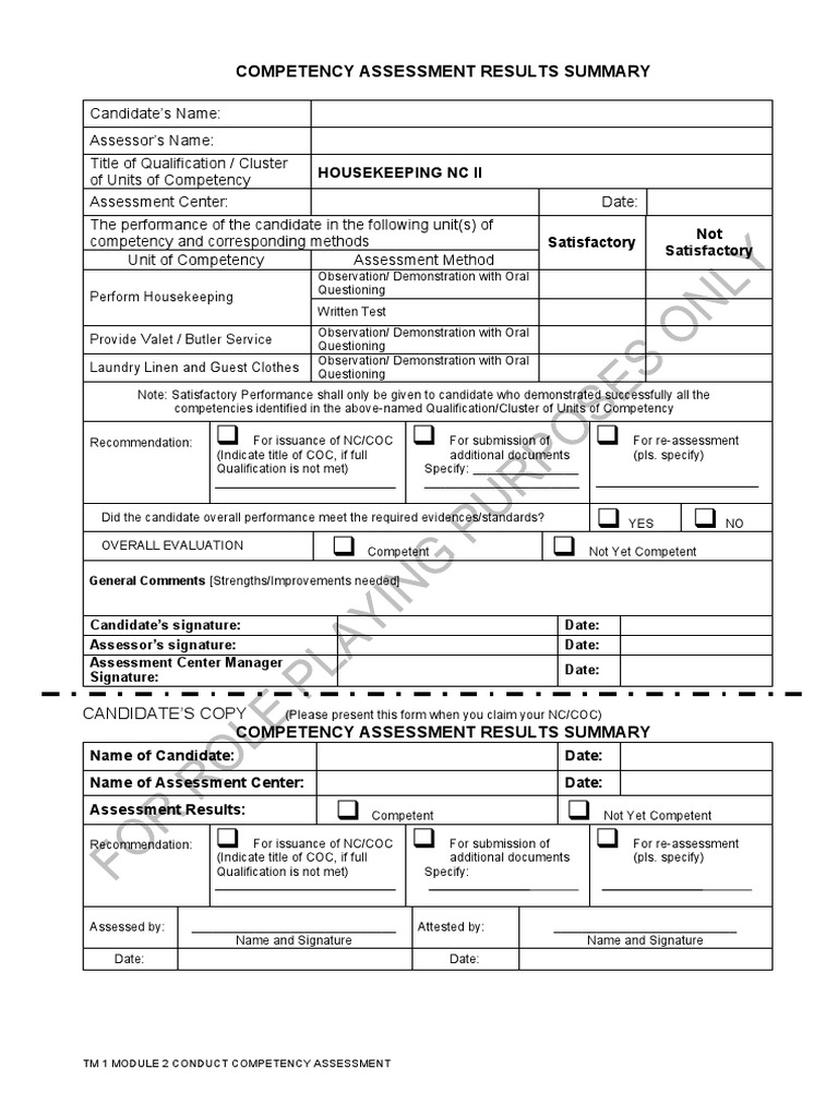 HOUSEKEEPING Competency Assessment Results Summary | PDF | Evaluation