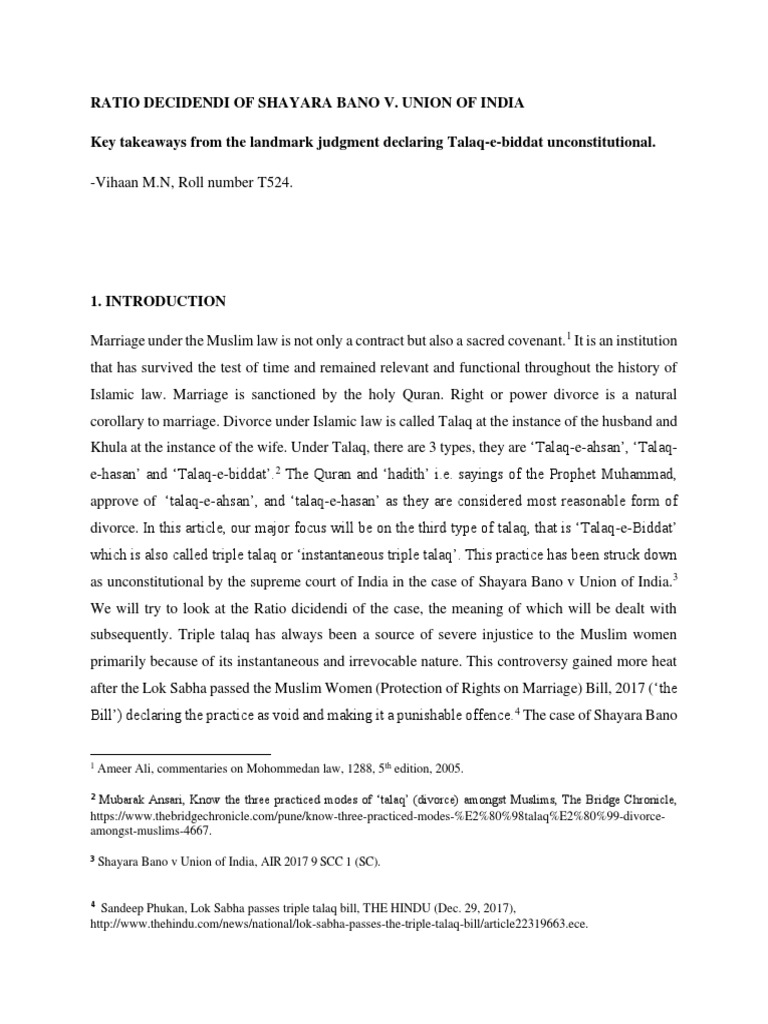 RATIO DECIDENDI OF SHAYARA BANO V. UOI Legal Methods PROJECT | PDF ...