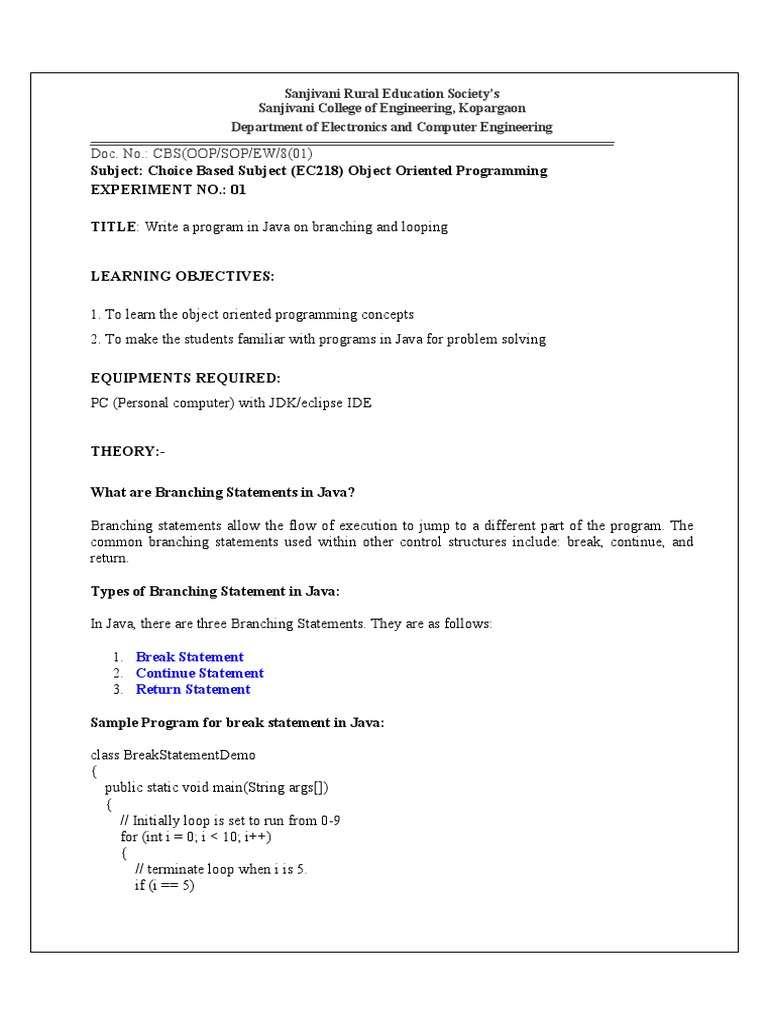 Writing a Java Program on Branching and Looping Statements | PDF | Control Flow | Object ...