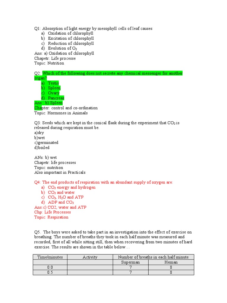 MCQs Class XTH With Ans and Corrections | PDF | Photosynthesis ...