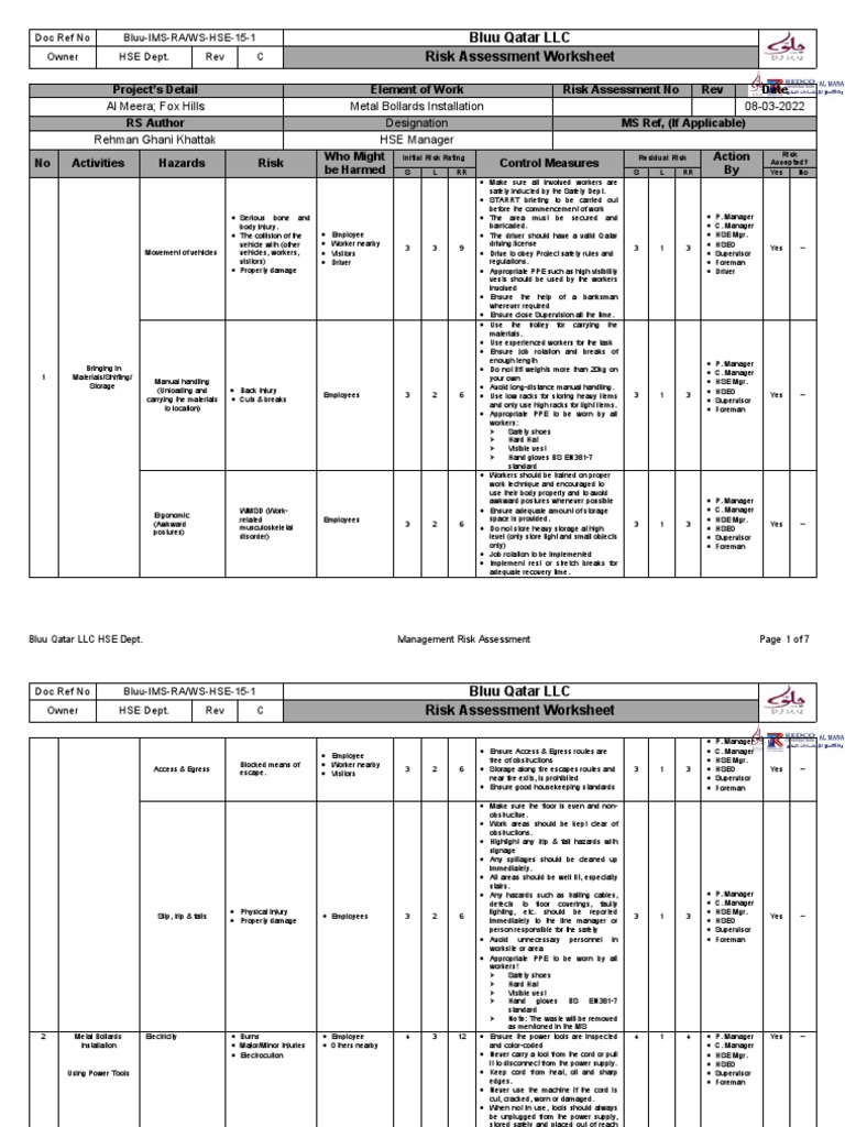 Metal Bollards Installation Risk Assessment | PDF | Personal Protective ...