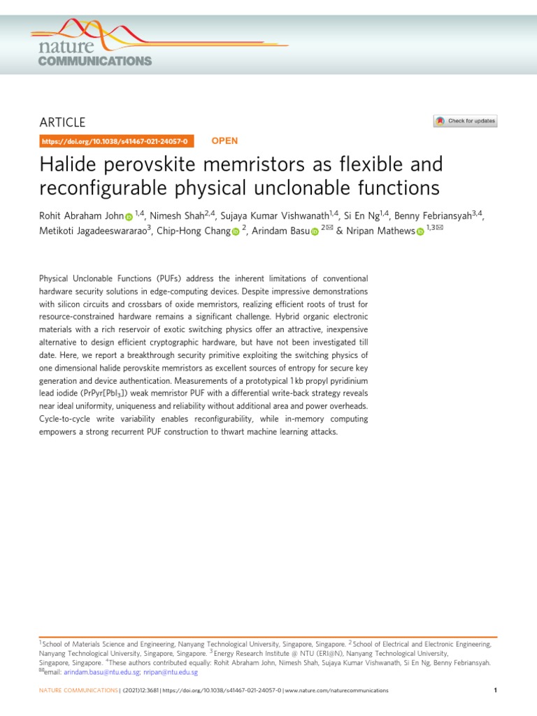 Halide Perovskite Memristors As Flexible and Reconfigurable Physical Unclonable Functions | PDF ...