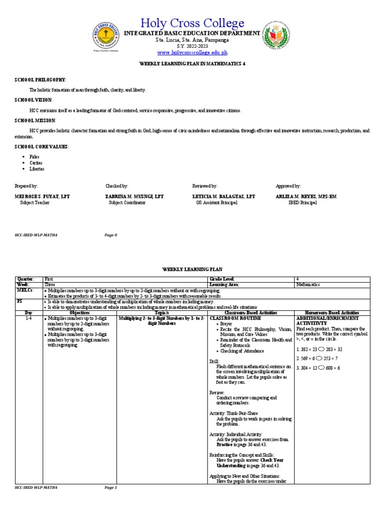 Mathematics 4 - Weekly Learning Plan (Week 3) | PDF | Multiplication | Teaching