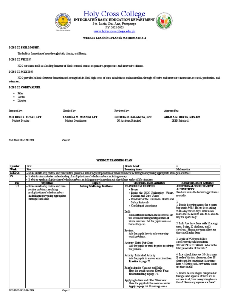 Mathematics 4 - Weekly Learning Plan (Week 5) | PDF | Learning | Cognition