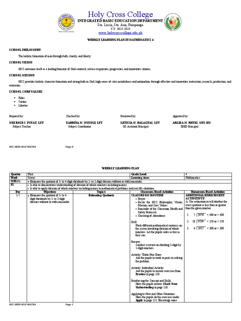 Mathematics 4 - Weekly Learning Plan (Week 7) | PDF | Learning | Behavior Modification