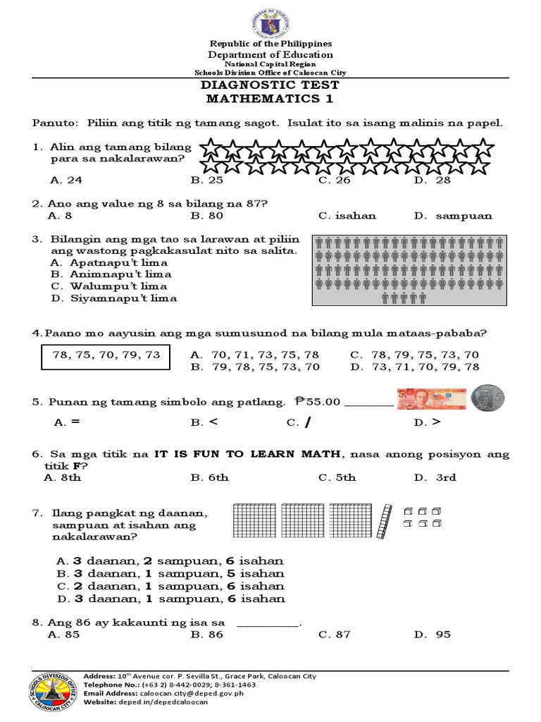 MATH 1 Diagnostic Test | PDF
