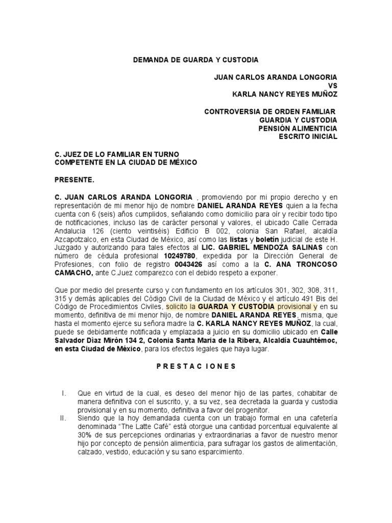 Demanda de Guarda y Custodia Infantil | PDF | Sentencia (ley) | Demanda judicial