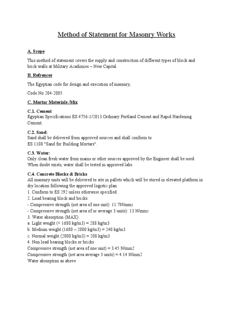 Method of Statement (Masonry Works-EEC) | PDF | Brick | Concrete