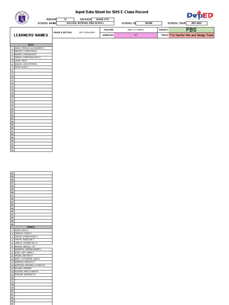 SHS E Class Record FBS 2022 2023 | PDF