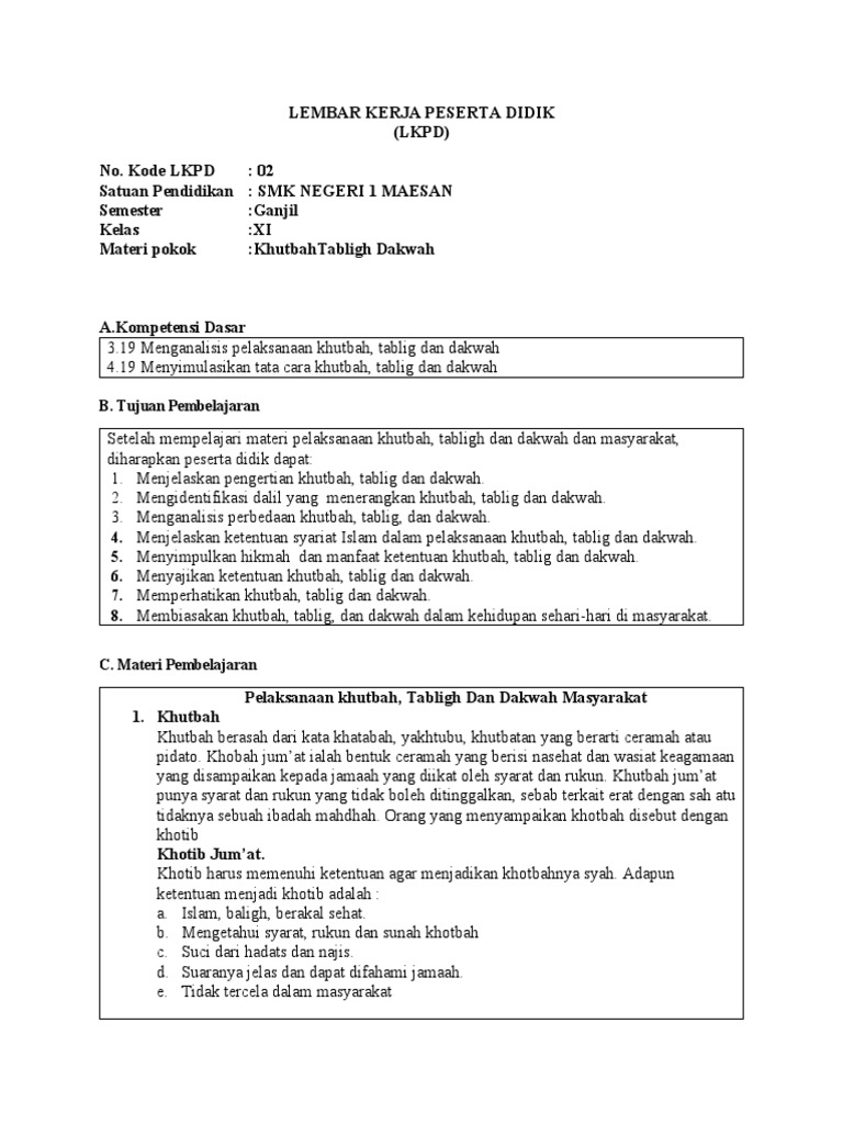 Lembar Kerja Peserta Didik Pai | PDF