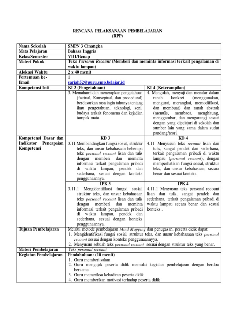 RPP Recount Text Mind Mapping 2 | PDF