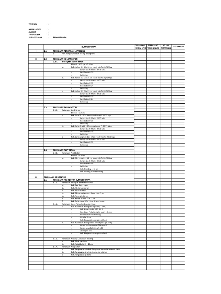 Cek List Item Pekerjaan Rumah Pompa | PDF