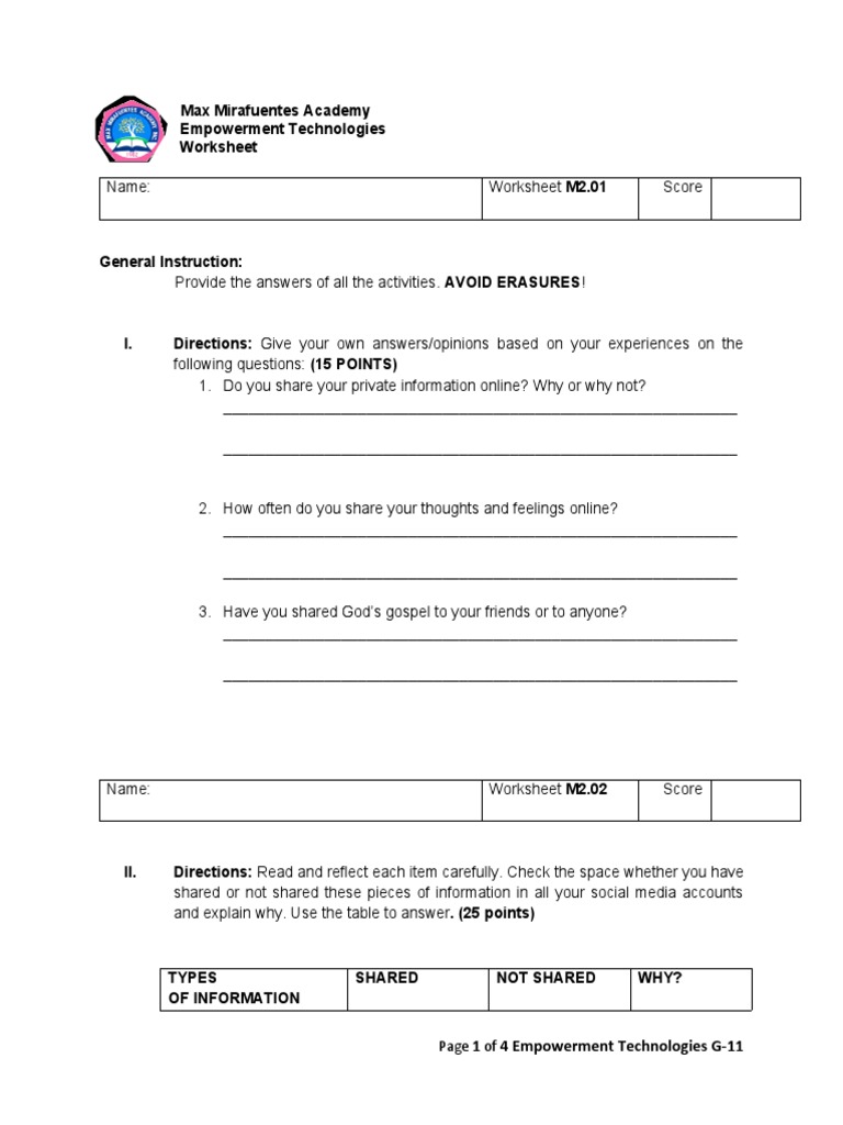 Empowerment Technologies Worksheet Guide | PDF | Social Media | Popular ...