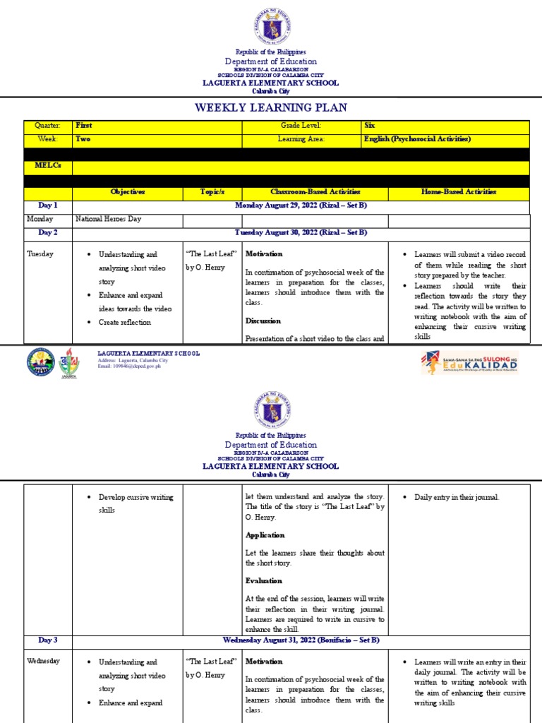 WLP Q1 W2 English6 | PDF | Learning | Teachers