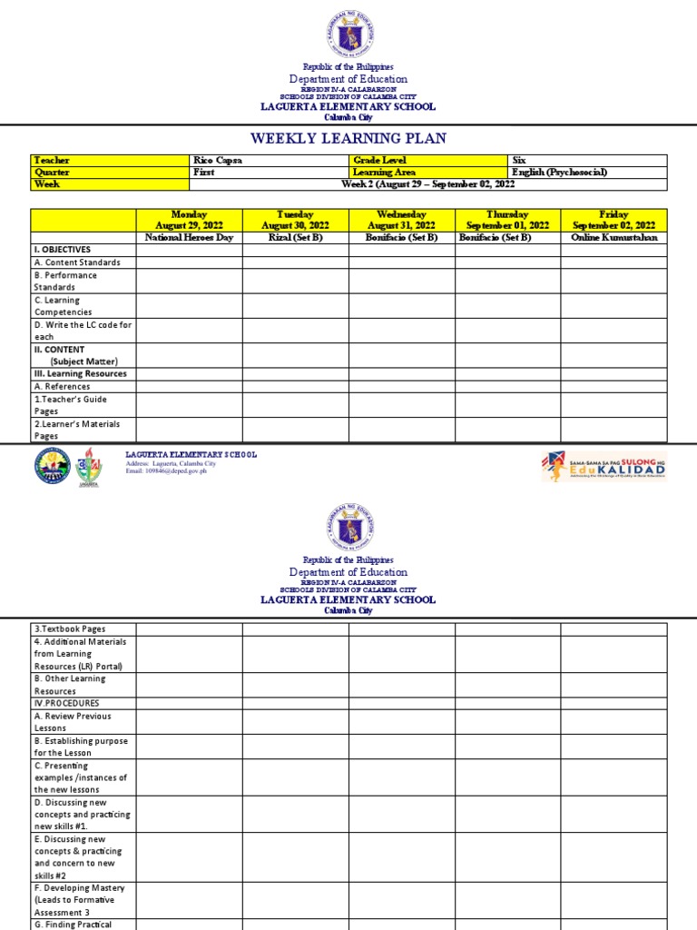 Wlp-Week 2 (English 6) | PDF | Learning | Teachers