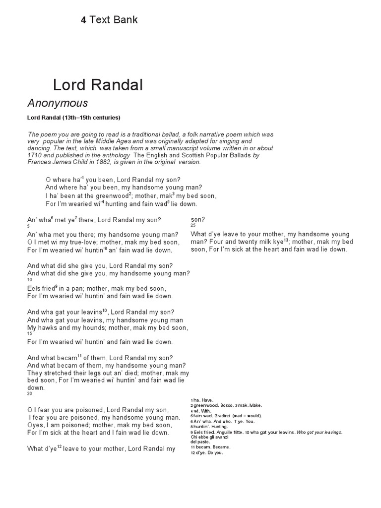 Lord Randal-Medieval - Ballads | PDF | Ballad | Poetry