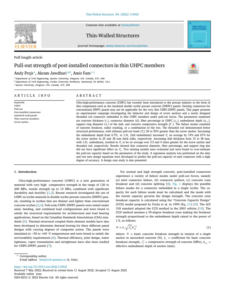 Pull-Out Strength of Post-Installed Connectors in Thin UHPC Members | PDF | Screw | Fracture
