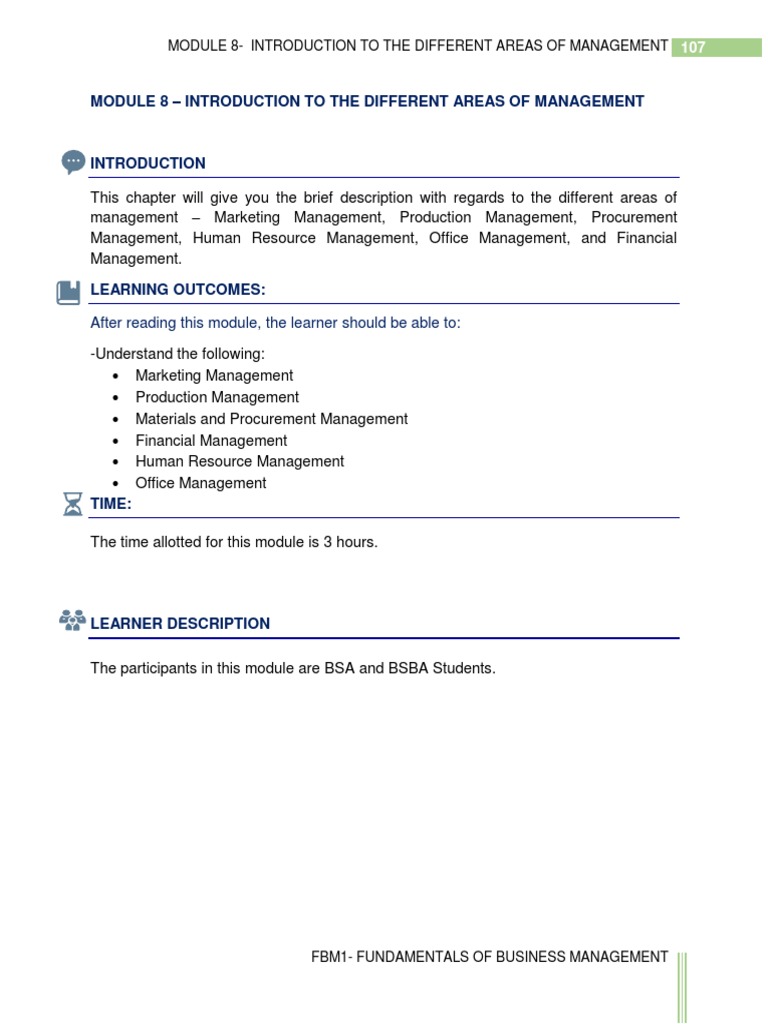 Module 8 - Introduction To The Different Areas of Management | PDF ...