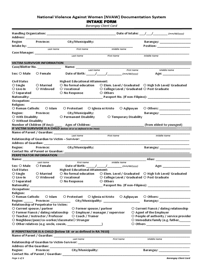 Intake Sheet For VAWC | PDF | Justice | Crime & Violence