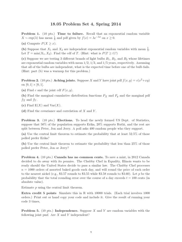 18.05 Problem Set 4, Spring 2014 | PDF | Probability Density Function | Random Variable