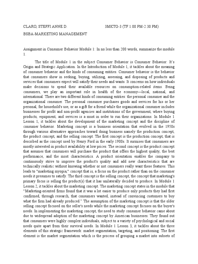CLARO Assignment in Consumer Behavior Module 1 | PDF | Marketing | Behavior