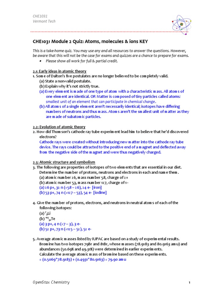 Che1031 Quiz 2 Key | PDF | Atoms | Molecules