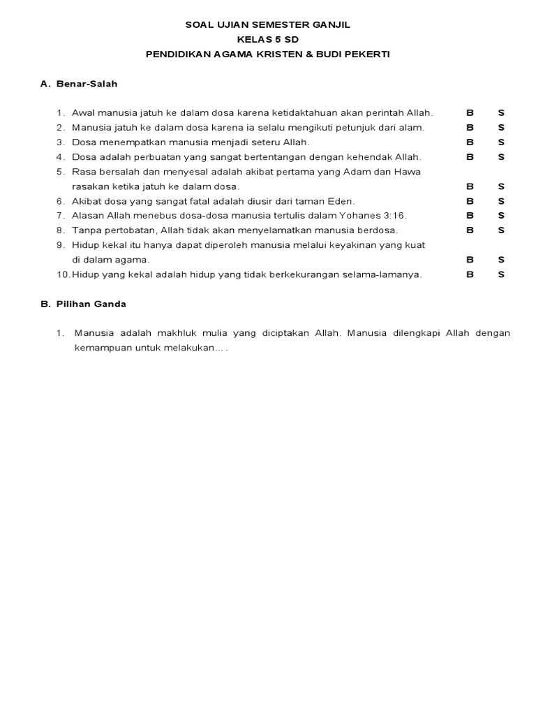 Soal Ujian Semester Ganjil Kelas 5 SD (3) F | PDF