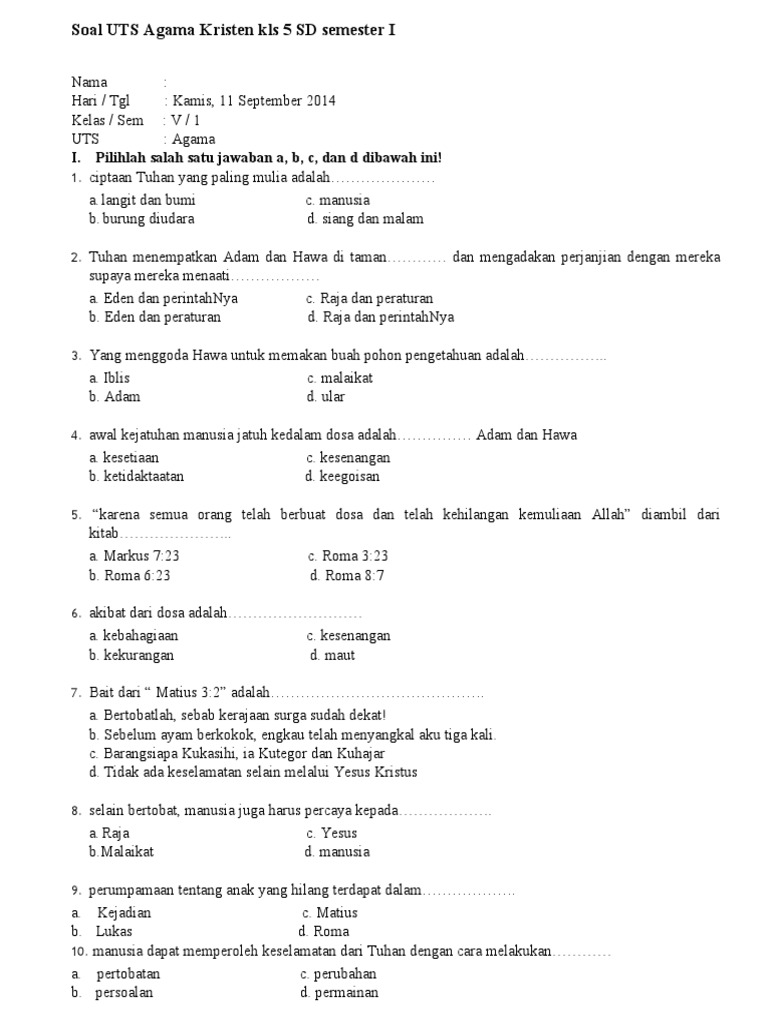 Soal UTS Agama Kristen Kls 5 SD Semester I | PDF | Agama & Spiritualitas