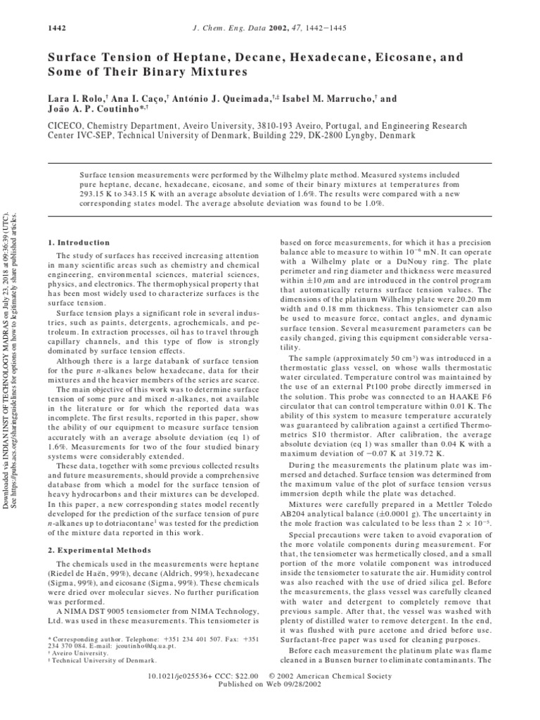 Decane | PDF | Surface Tension | Density