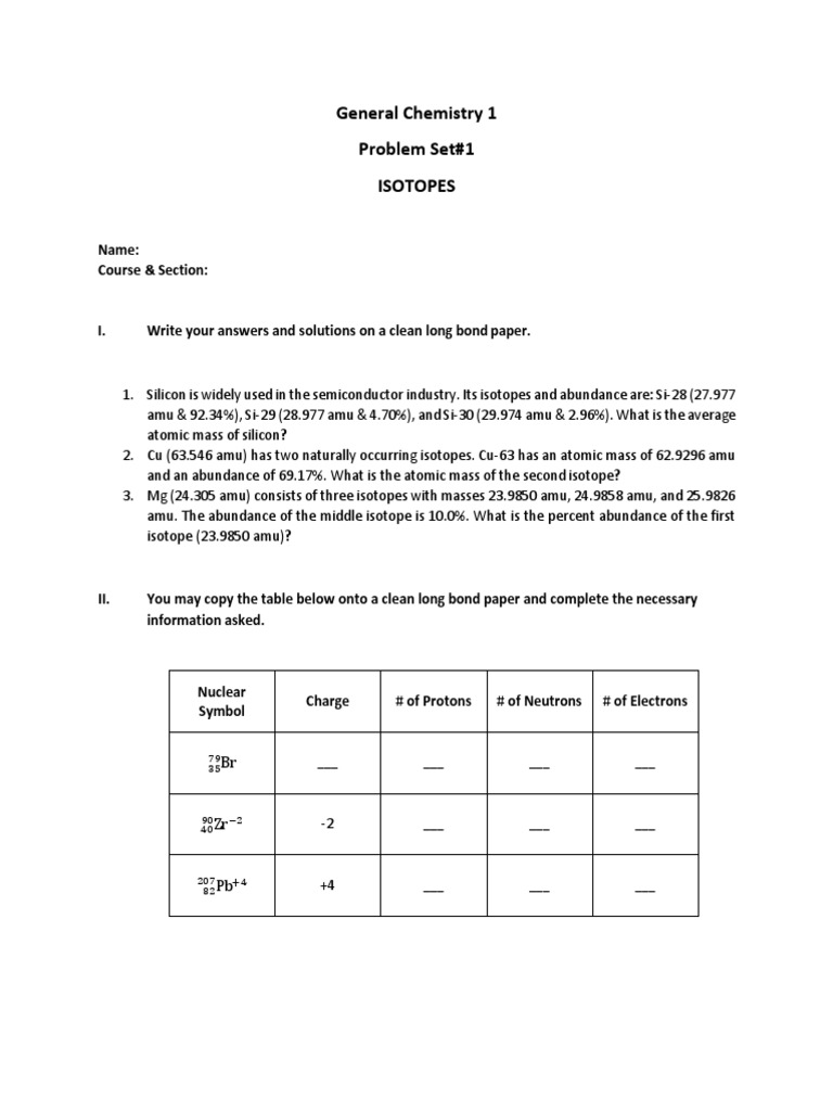General Chemistry 1 Problem Set#1 Isotopes | PDF
