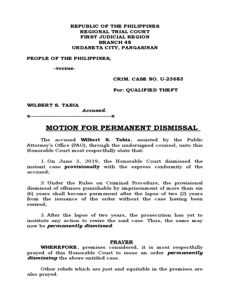 Motion For Permanent Dismissal With Prayer For Release of Cashbond | PDF