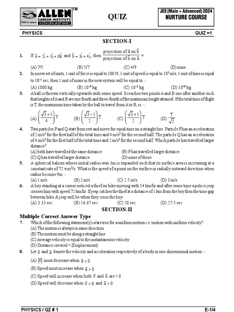 Quiz 1 Physics6 | PDF | Velocity | Acceleration