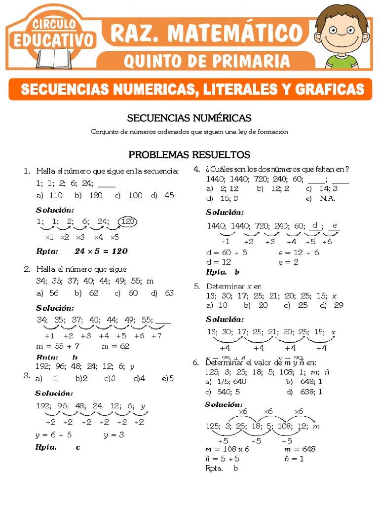 Secuencias Numericas Literales y Graficas para Quinto de Primaria | PDF