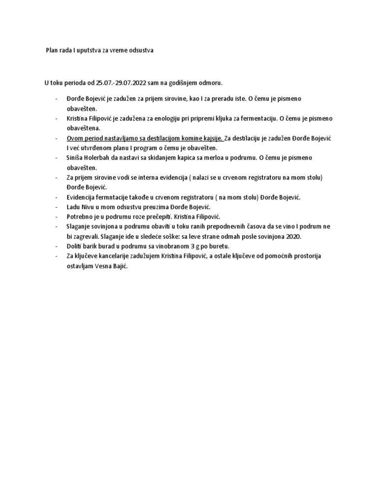 Plan Rada Za Period 25.07.-29.07.2022. | PDF