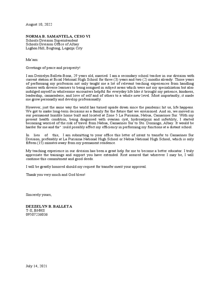 Letter of Intent To SDS | PDF