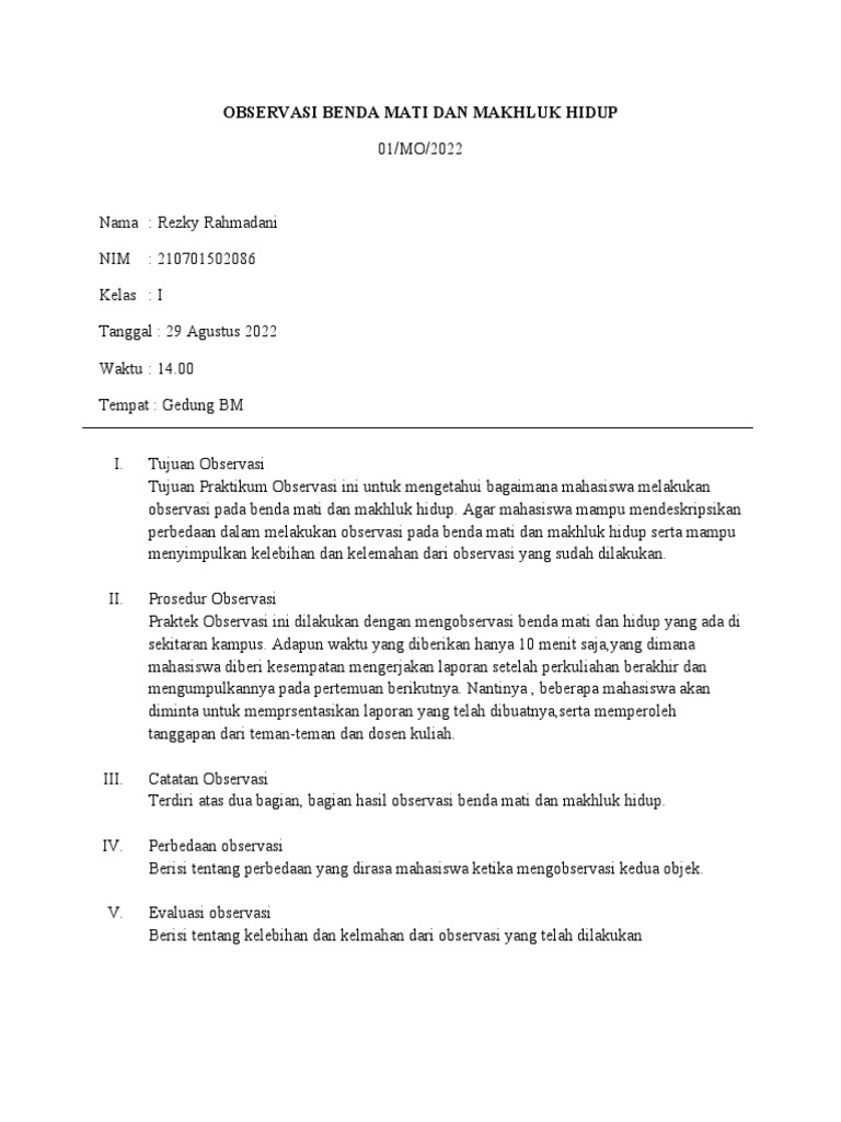 Observasi Benda Mati Dan Makhluk Hidup | PDF