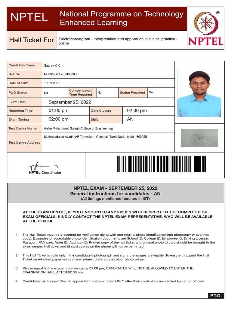 Hall Ticket of Nptel | PDF