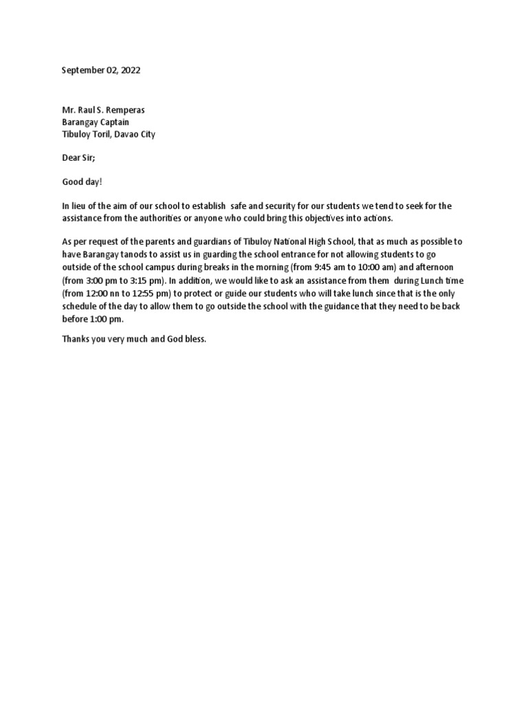 Request Letter For The Baranggay Tanod | PDF