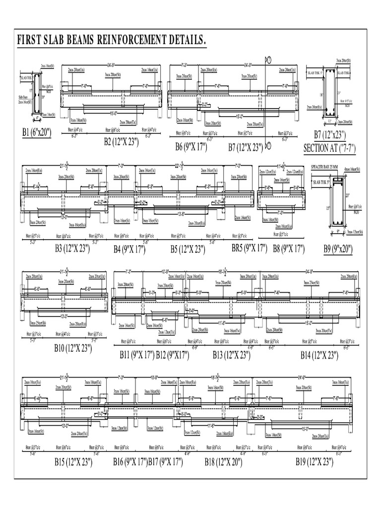 First Slab Beams Reinforcement Details.: B7 (12"x23") SECTION AT ("7-7 ...