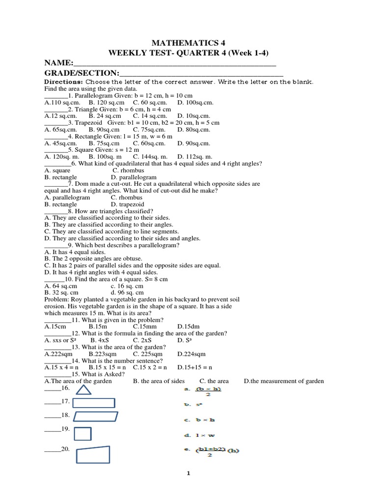 Grade 4 Math Weekly Test Q4 | PDF | Volume | Elementary Mathematics