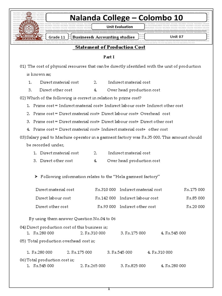 Grade 11 Unit 7 | PDF | Cost Of Goods Sold | Business Economics