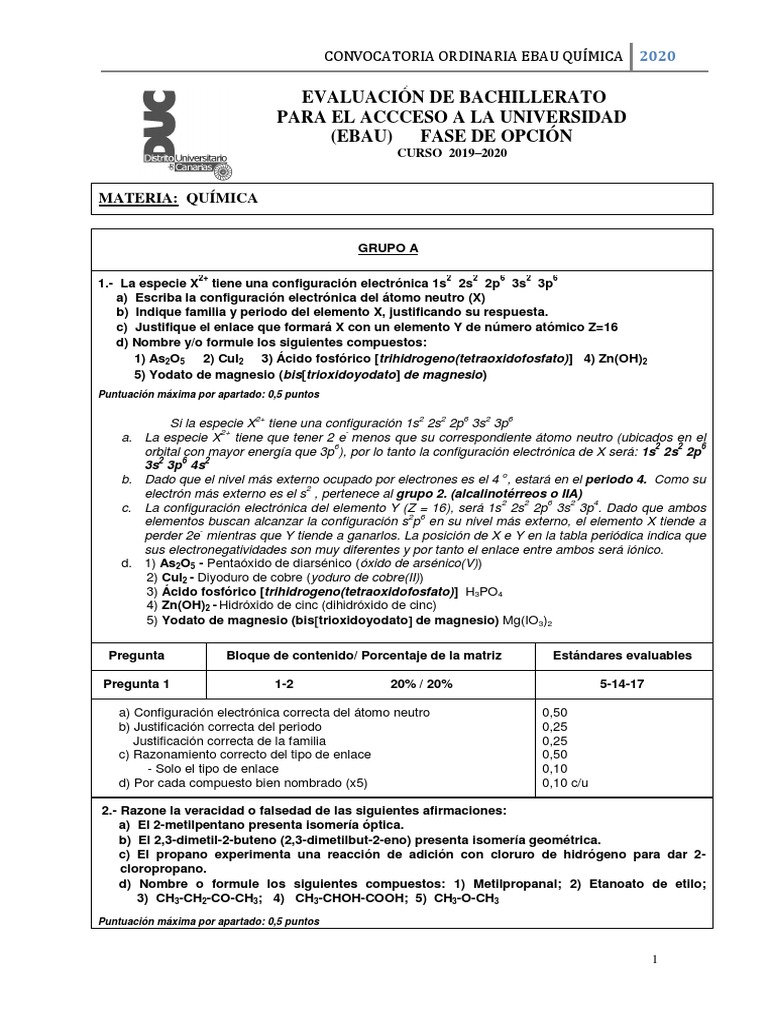 Solucion Examen Quimica Conv Extraordinaria 2020 2 | PDF | Enlace covalente | Redox