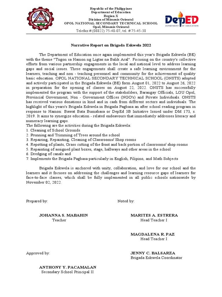 Narrative Report On Brigada Eskwela 2022 | PDF | Schools | Learning