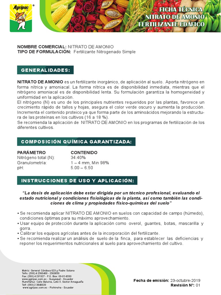 NITRATO DE AMONIO FT - Compressed | PDF | Fertilizante | Suelo