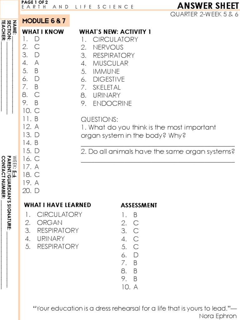 Earth and Life Science Q2 Modules 6-7 Answer Key | PDF | Human Anatomy ...